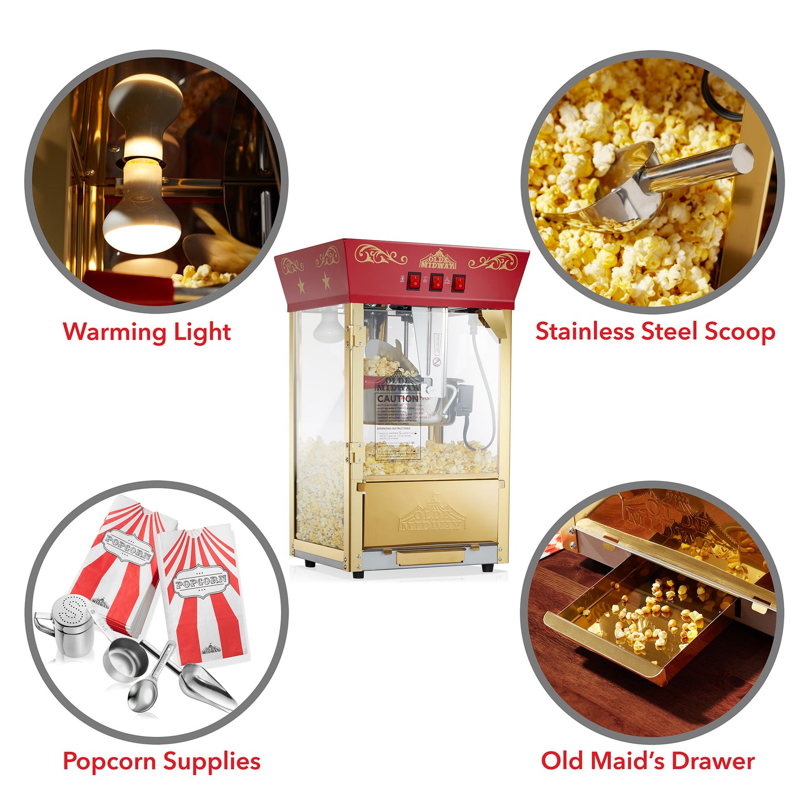 Movie Theater Popcorn Machine with 10 oz. Kettle, Red - Olde Midway